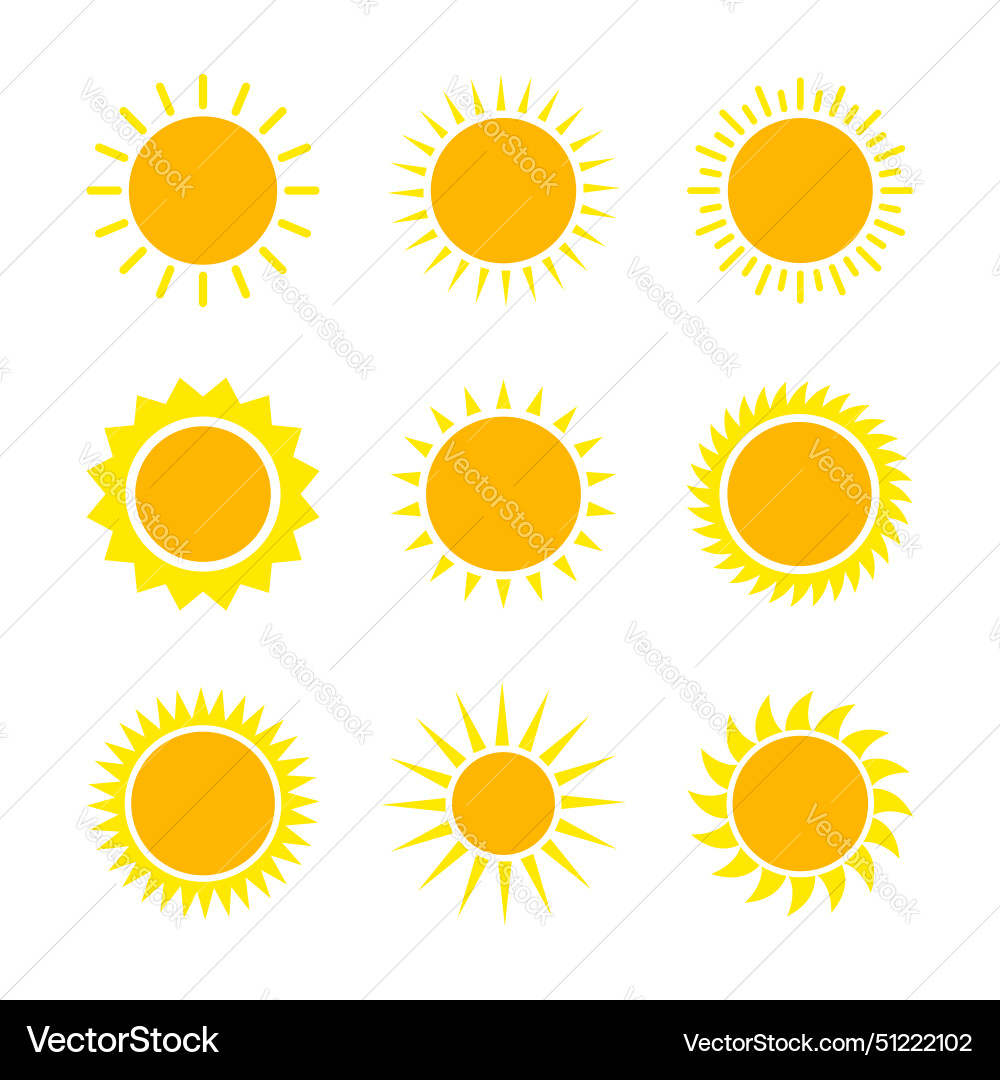 Yellow sun rays icon collection set Royalty Free Vector