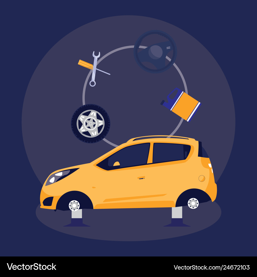 Car vehicle without tires in mechanical workshop Vector Image