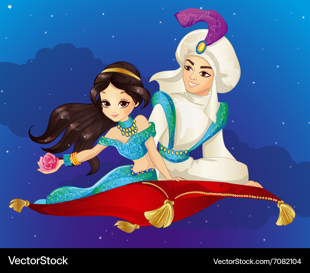 Aladdin on flying carpet at night Royalty Free Vector Image