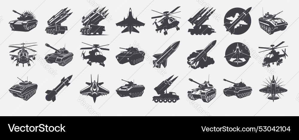 Various military vehicles aircraft missiles Vector Image