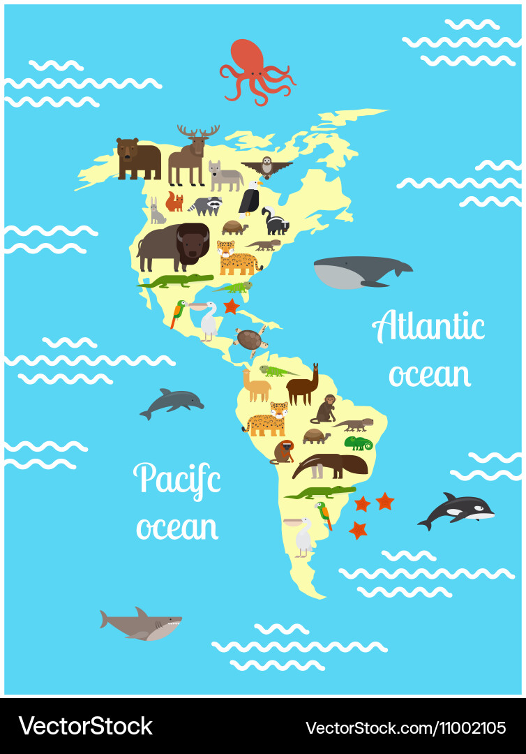 America animals world map for children Royalty Free Vector