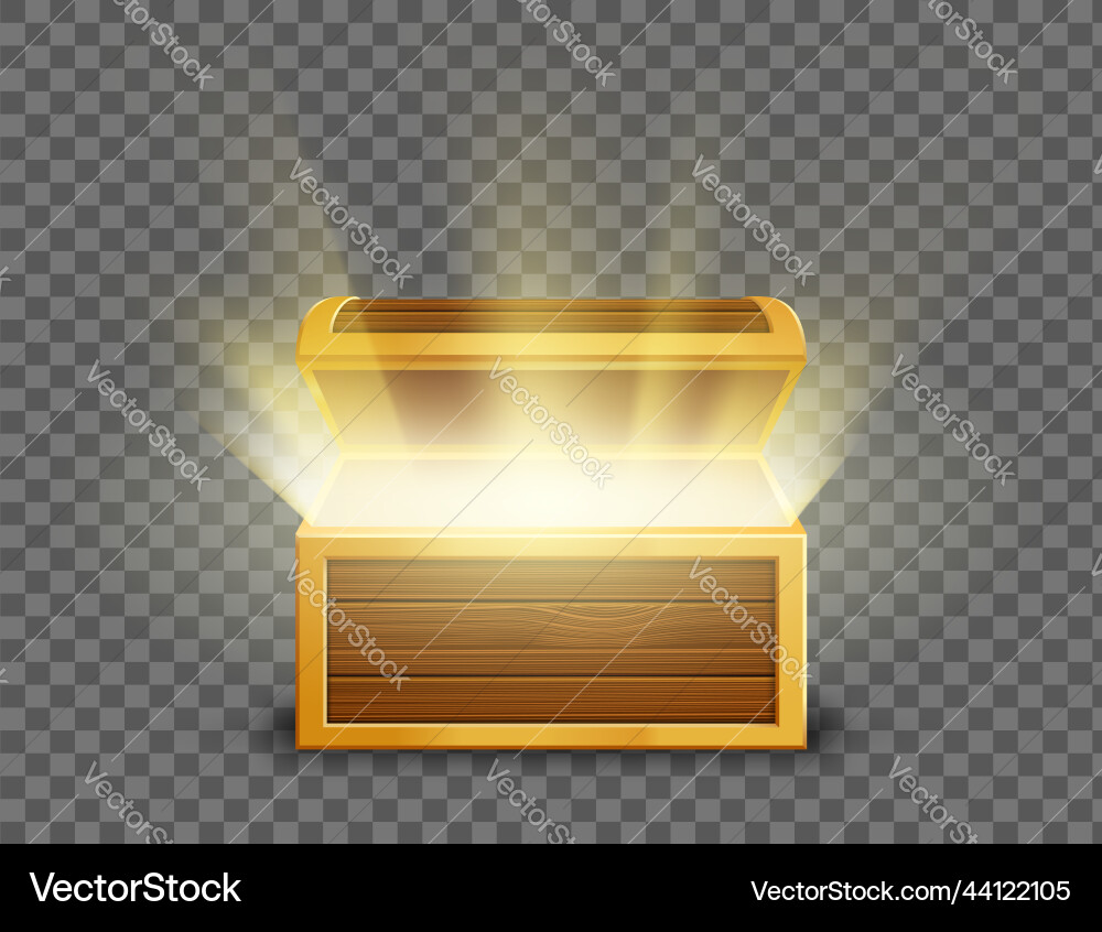 Open wooden old chest with glowing light inside Vector Image