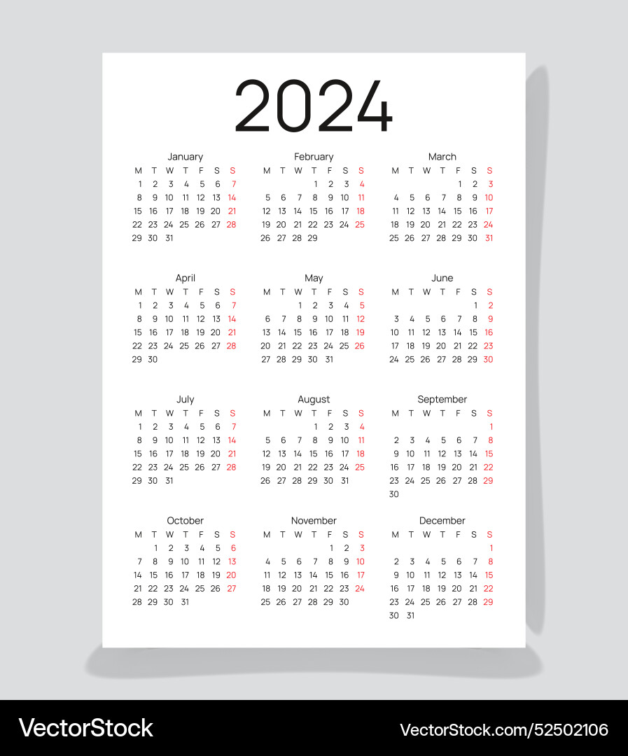 Calendar 2024 year pocket wall calender layout Vector Image