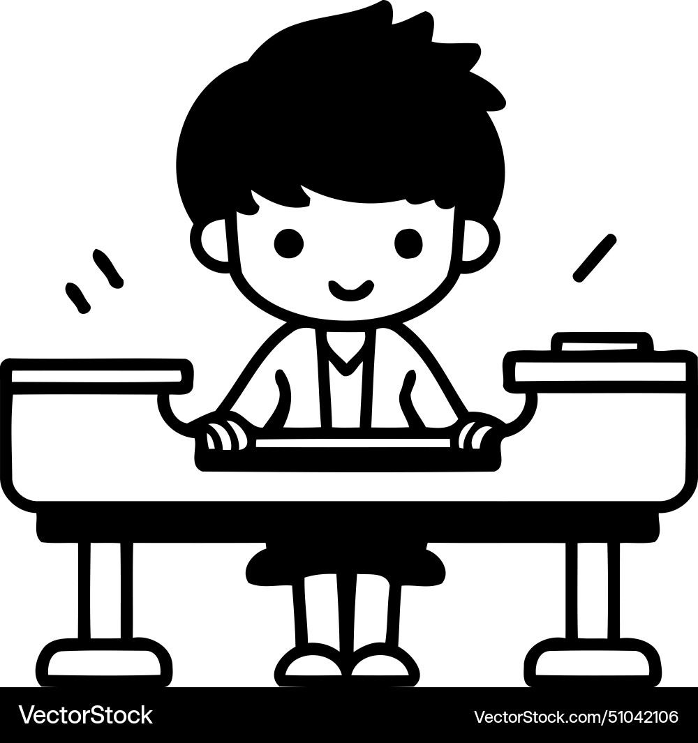 Cute schoolboy sitting at school desk line art Vector Image
