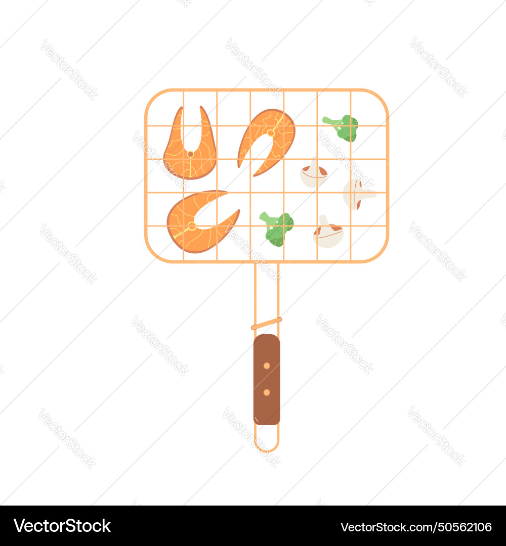 Grill grate with salmon and vegetables isolated Vector Image