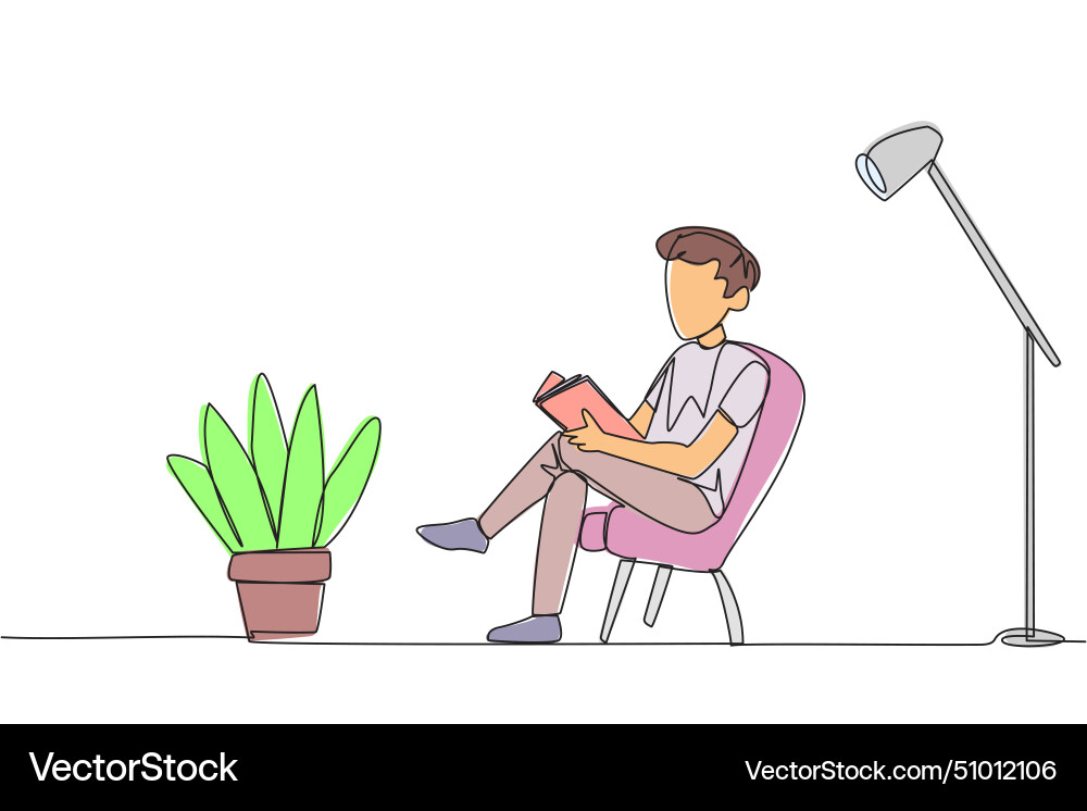 Single one line drawing smart man sitting reading Vector Image