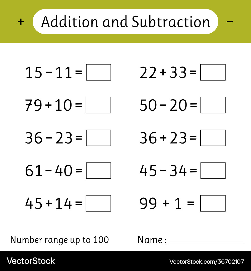 Addition and subtraction number range up to 100 Vector Image