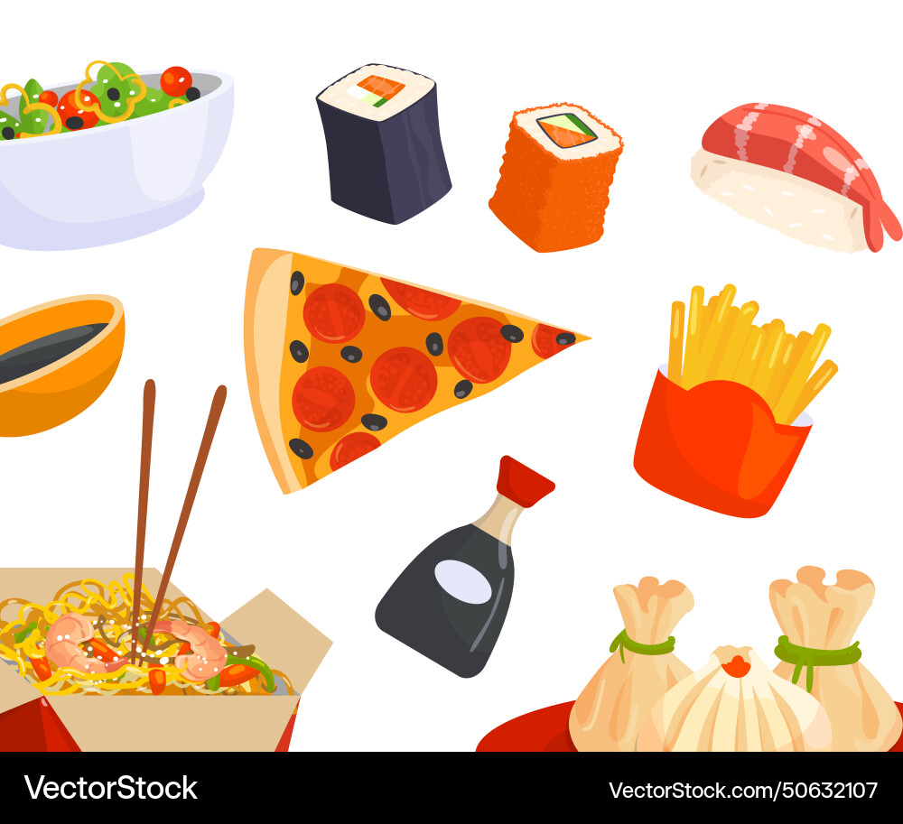 Assorted international food items including sushi Vector Image