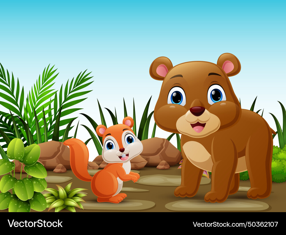 Cute fox and bear cartoon in the forest Royalty Free Vector