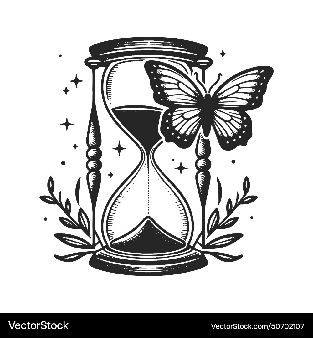 Vintage hourglass butterflies engraving Royalty Free Vector