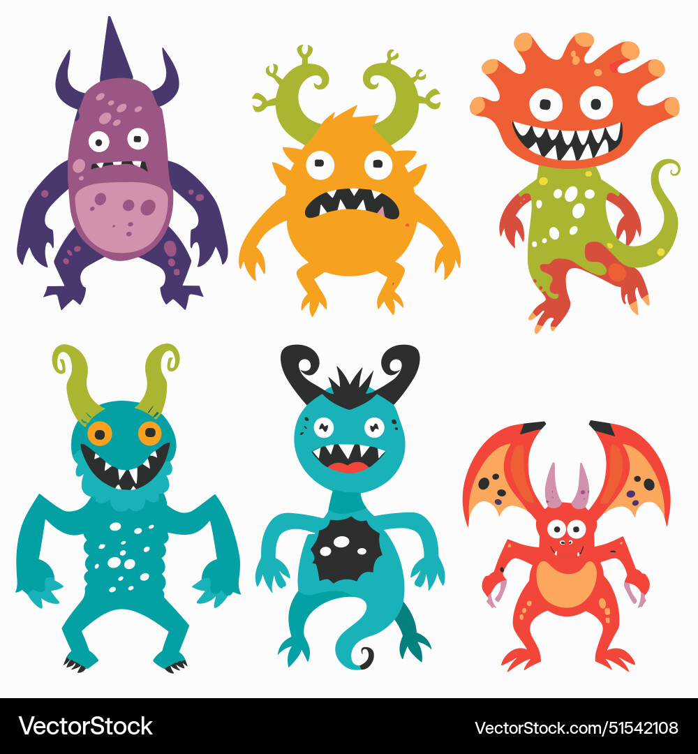 Six colorful cartoon monsters isolated white Vector Image