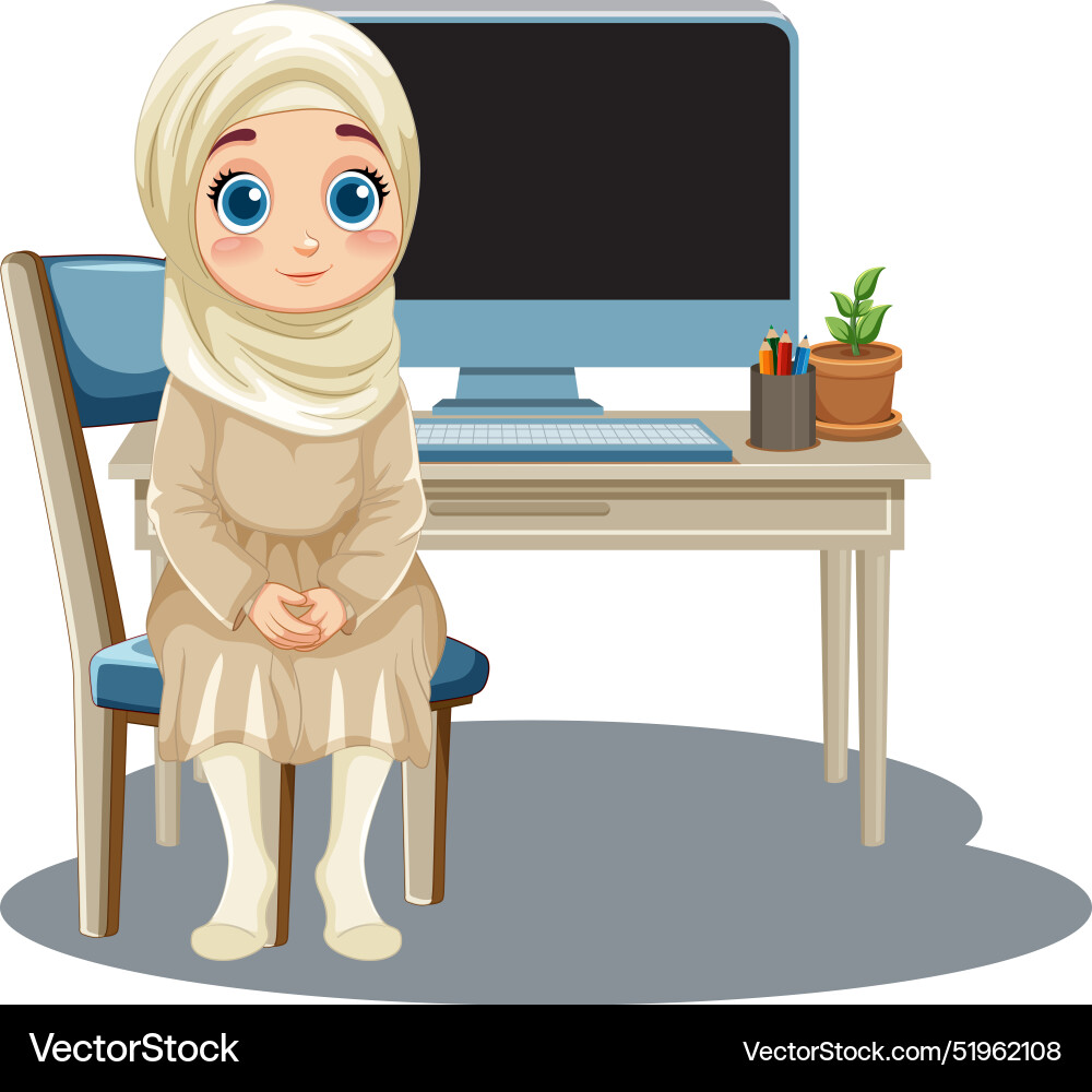 Young girl sitting near a computer desk Royalty Free Vector