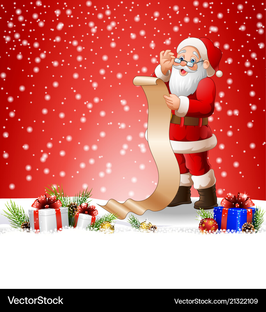 Christmas background with santa claus reading a lo