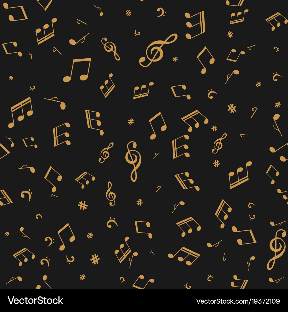 Gold note on black seamless music background Vector Image