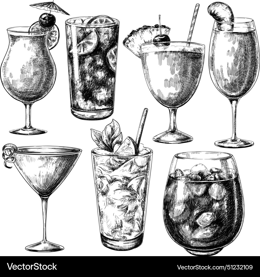 Sketch ink graphic cocktails set Royalty Free Vector Image
