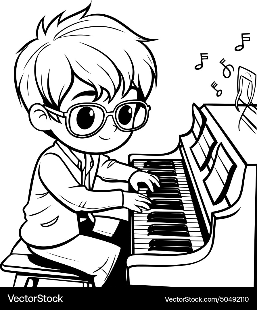 Boy playing the piano - black and white cartoon Vector Image