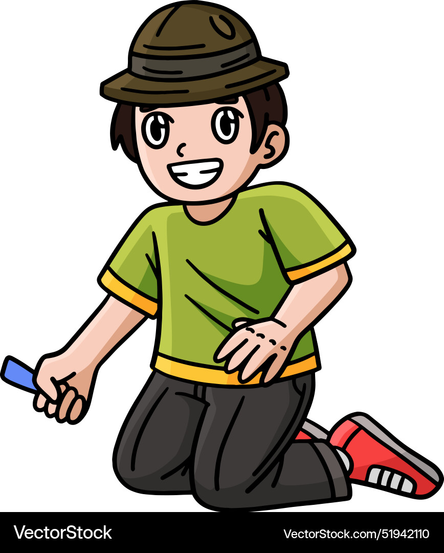 Camping camper boy kneeling cartoon clipart Vector Image