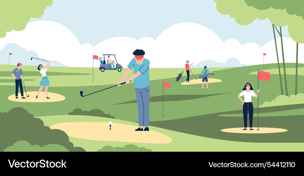 Play golf on course golfers characters with clubs Vector Image