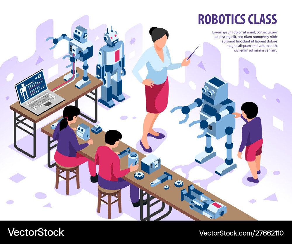 Robotics classroom isometric background Royalty Free Vector