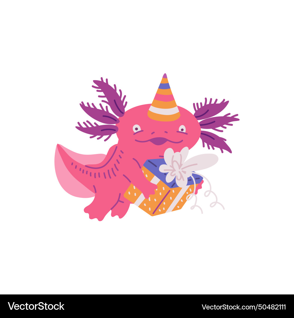 Funny axolotl character with birthday gifts flat Vector Image