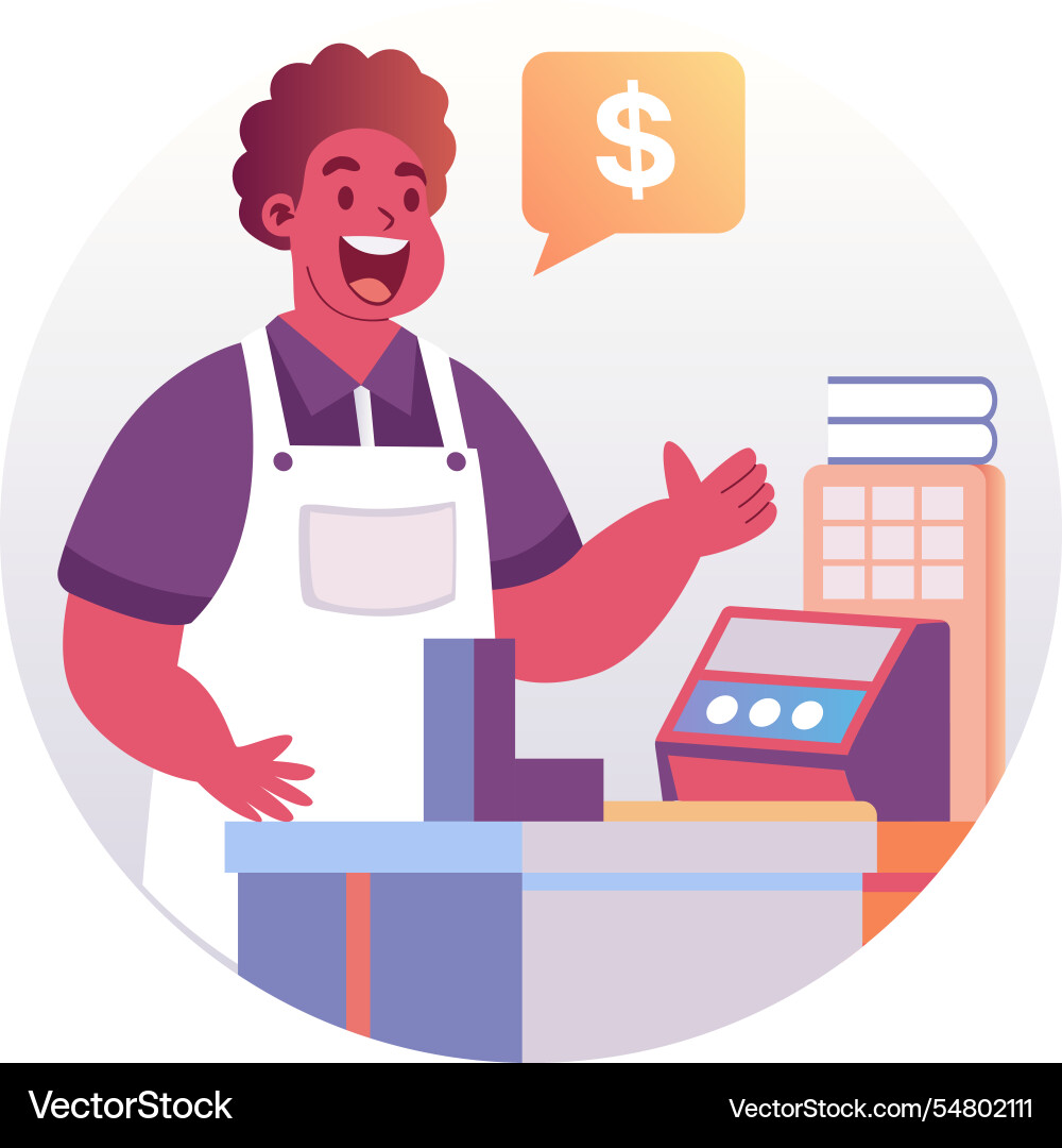 Happy cashier standing at checkout counter Vector Image