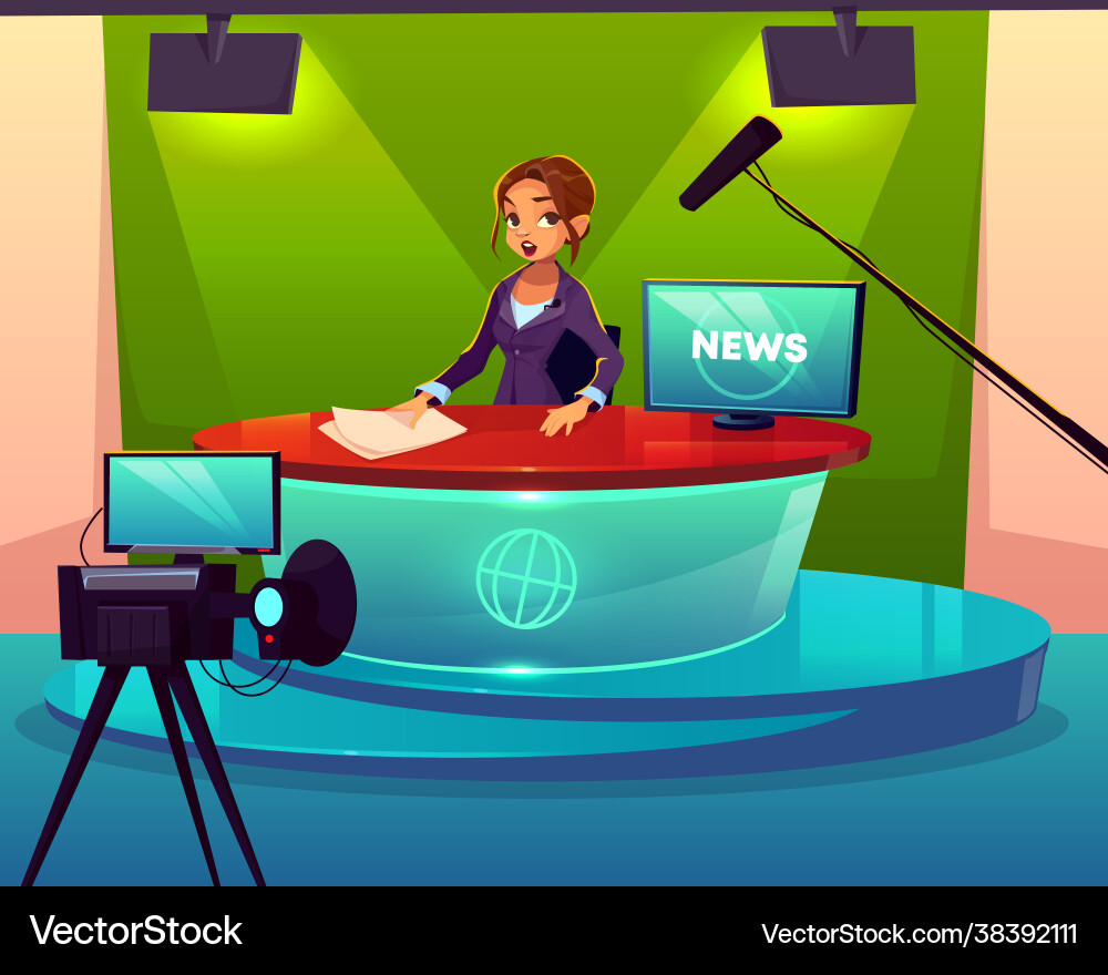 News Moderator im Fernsehstudio Cartoon Lizenzfreier Vektor