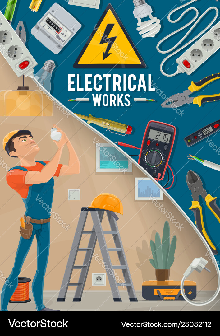 Electrical works electrician and tools Royalty Free Vector