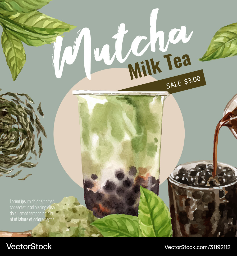 Matcha bubble milk tea set promotion ad template Vector Image