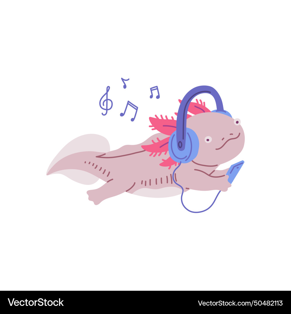 Cute axolotl with headphones and audio player Vector Image