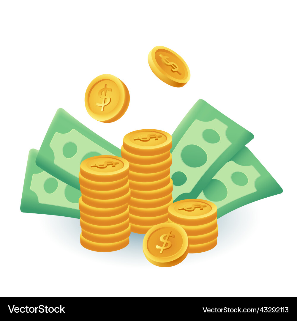 Gold coins and banknotes 3d cartoon style icon Vector Image