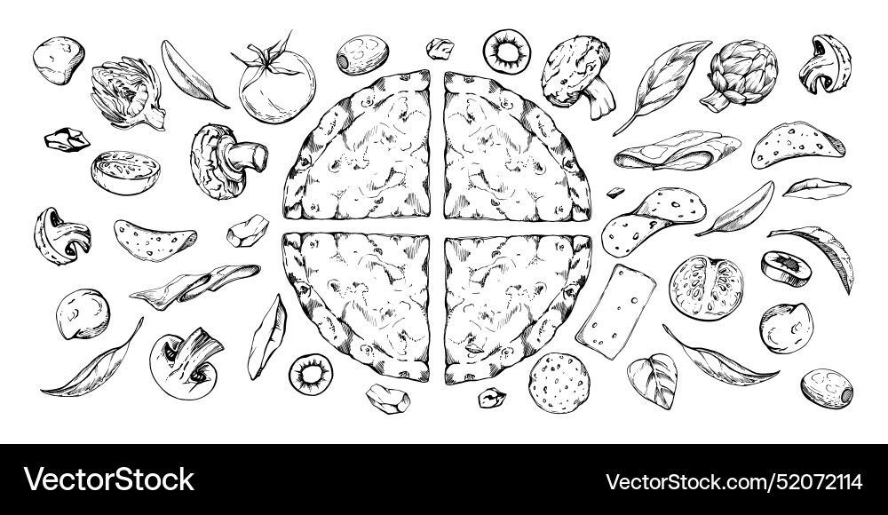 Hand drawn ink pizza dough slice assorted Vector Image