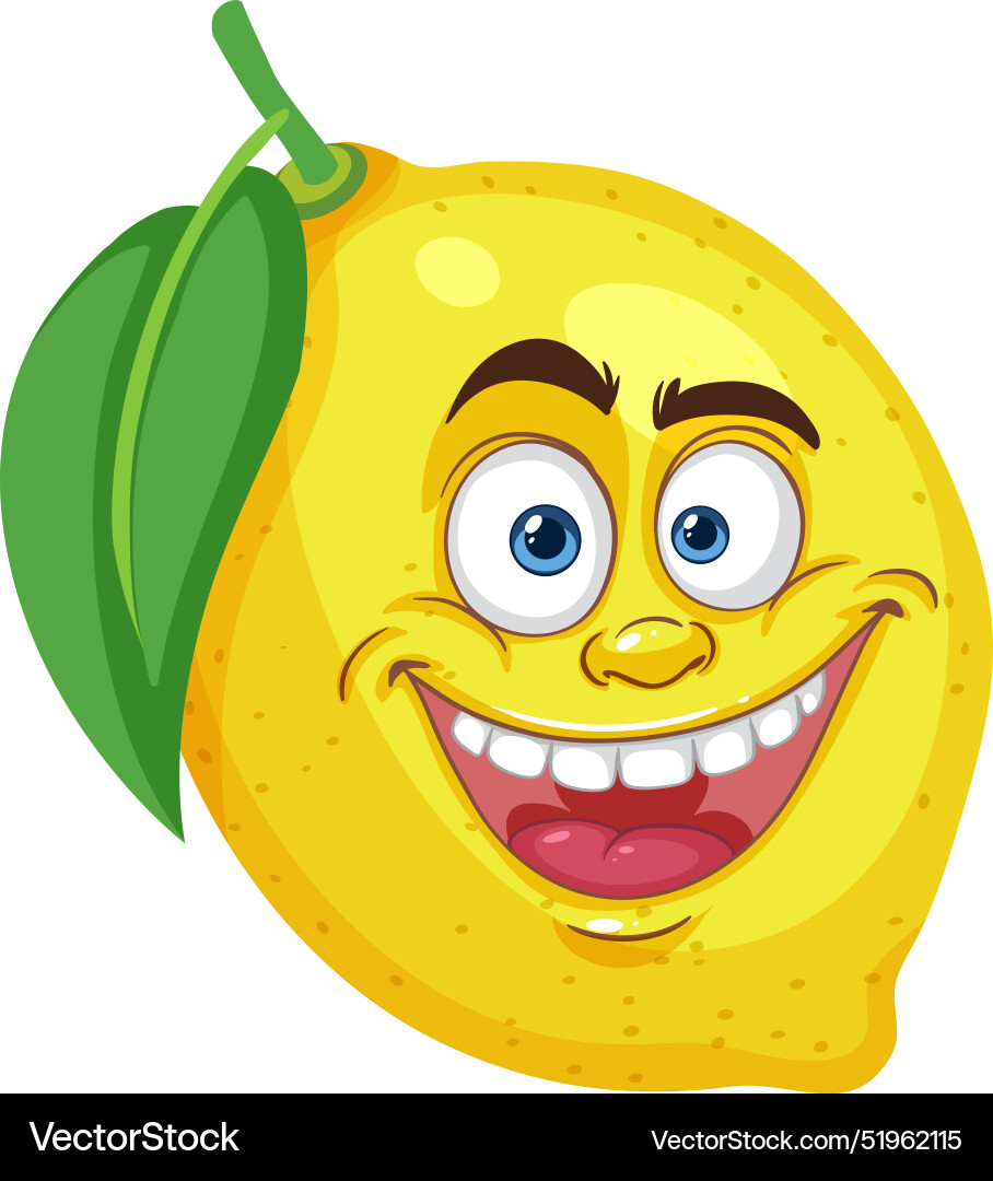 Smiling lemon with expressive eyes and leaf Vector Image
