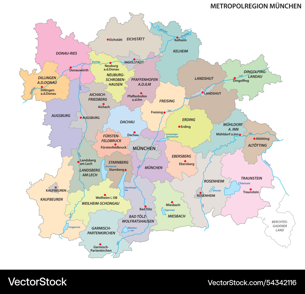 Map of the metropolitan region munich Royalty Free Vector