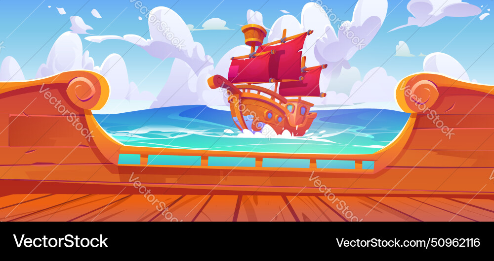 Old sail boat view from ship deck in sea cartoon Vector Image