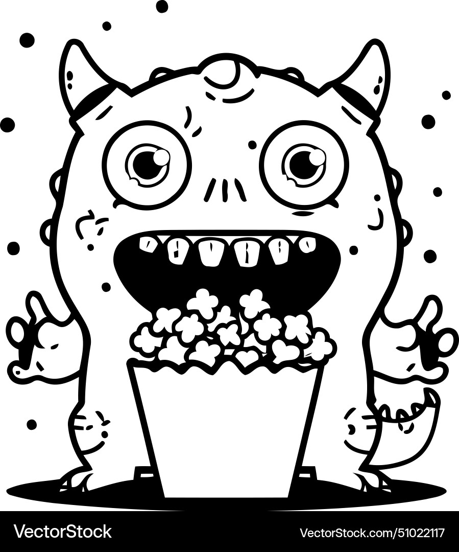 Cute monster with popcorn in flat cartoon style Vector Image