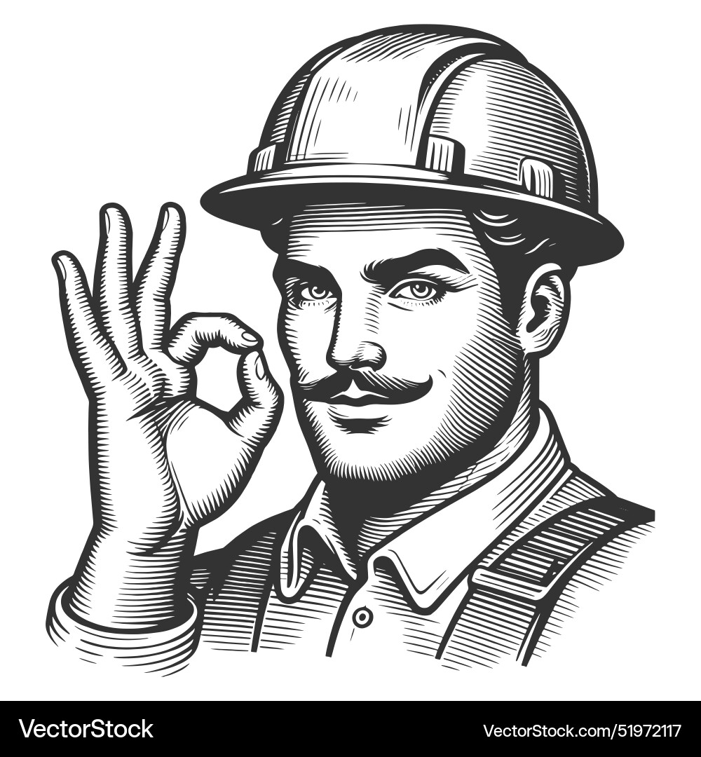 Retro construction worker giving okay sign Vector Image