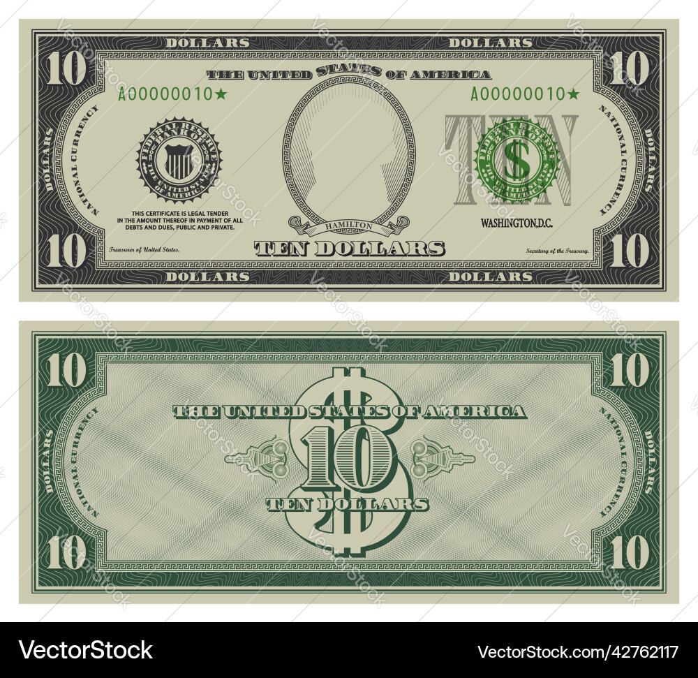 Ten dollars banknote gray obverse and green Vector Image