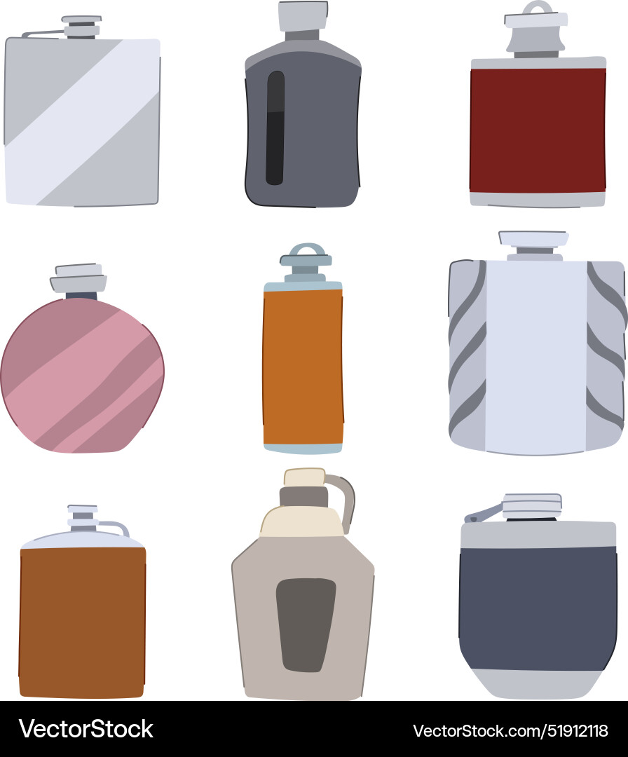 Flask alcohol set cartoon Royalty Free Vector Image