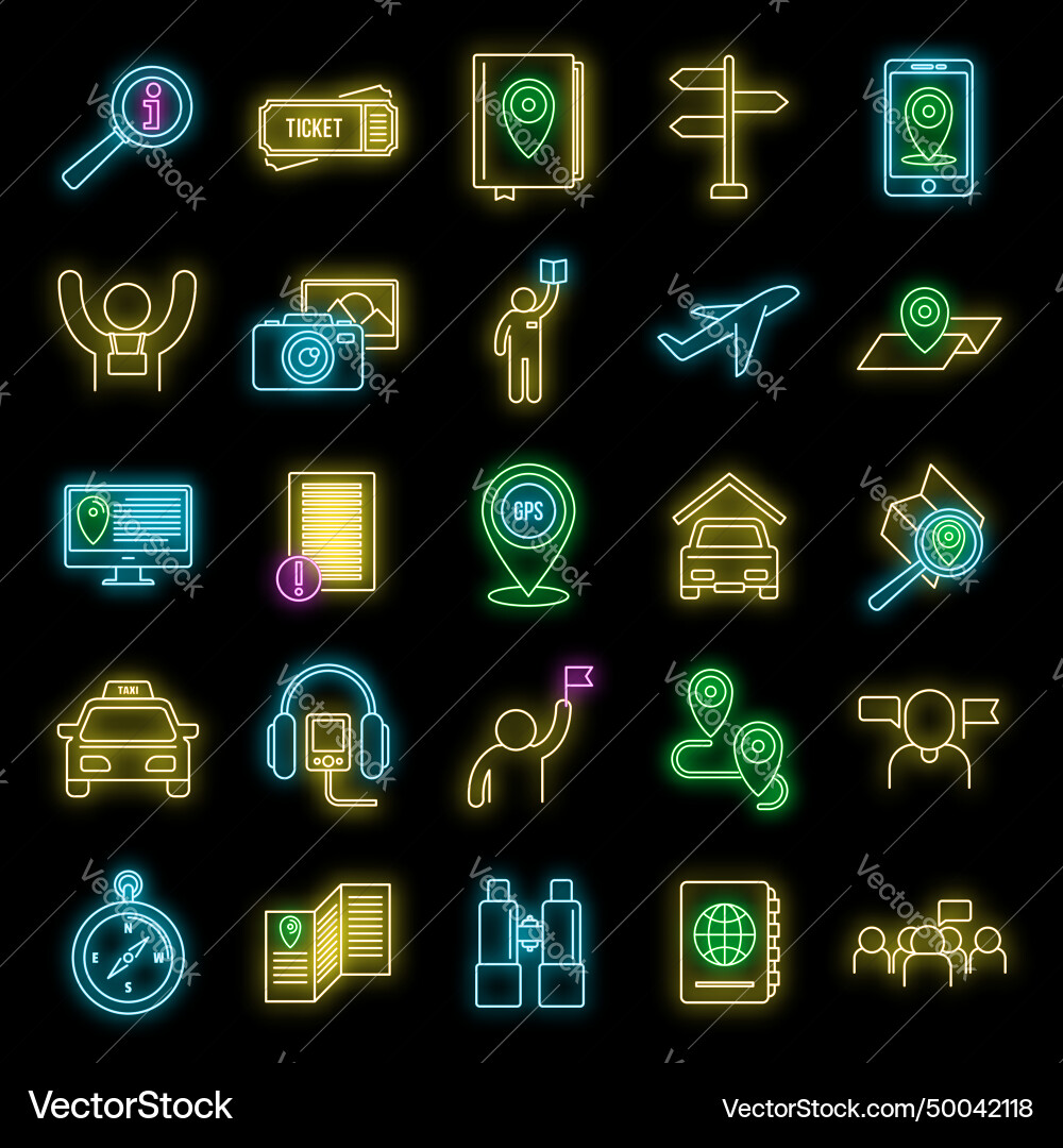 Guide tour icons set neon Royalty Free Vector Image