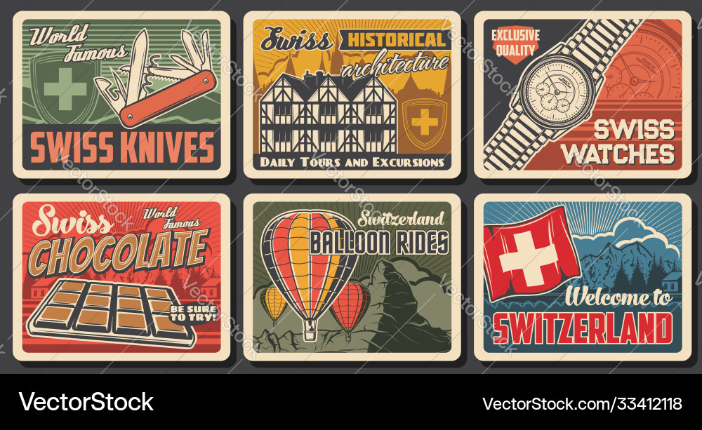Swiss famous objects and landmarks posters Vector Image