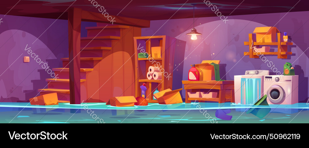 Flood on house basement floor with laundry room Vector Image
