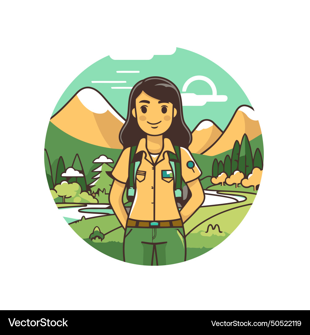 Hiking girl with backpack in a flat style Vector Image
