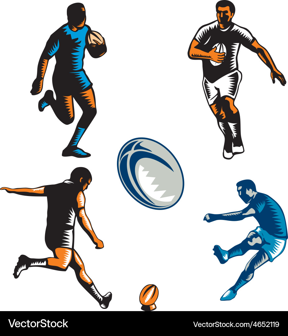 Rugby player woodcut collection Royalty Free Vector Image