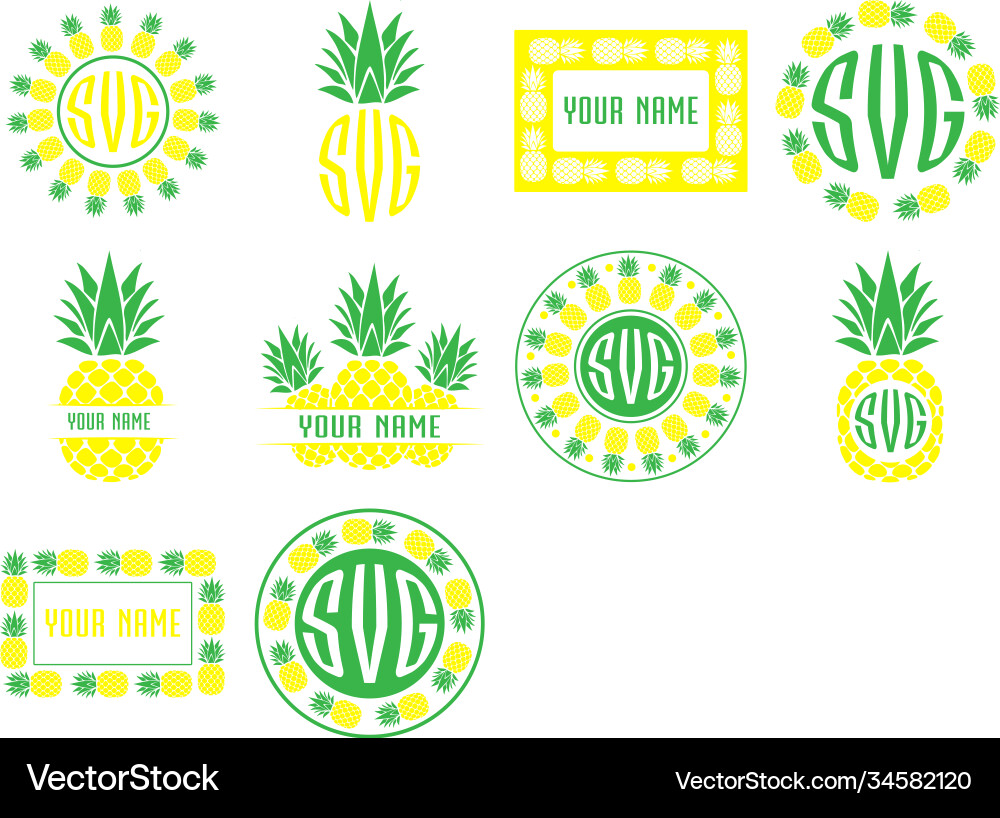 Monogram frames pineapple set fruit Royalty Free Vector