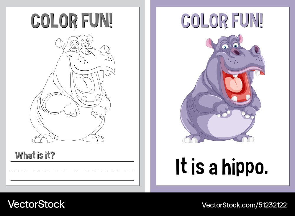 Coloring and colored of a hippo Royalty Free Vector Image