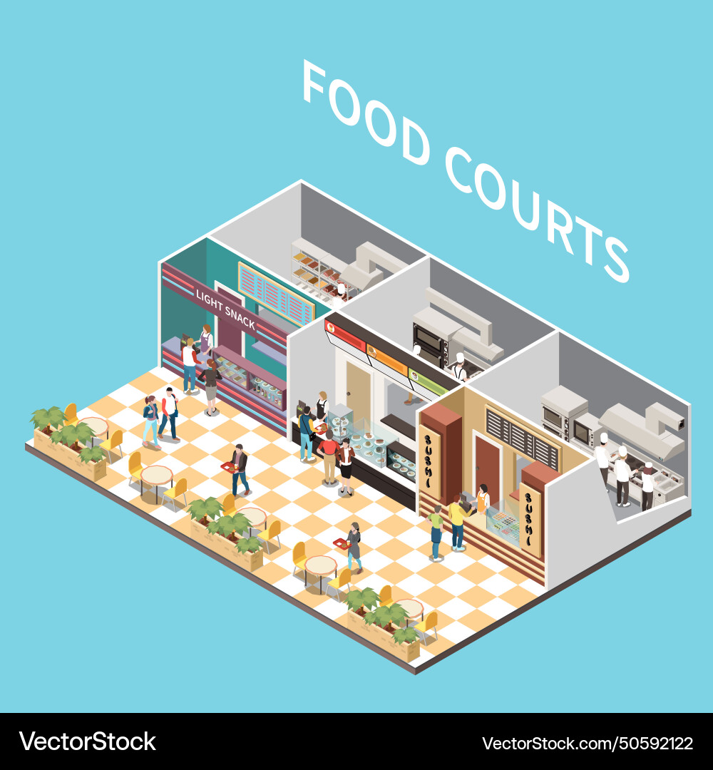 Food court isometric view Royalty Free Vector Image