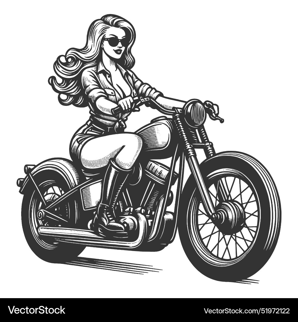 Retro biker woman on classic motorcycle Royalty Free Vector