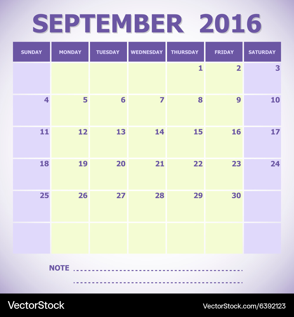 Calendar september 2016 week starts sunday Vector Image