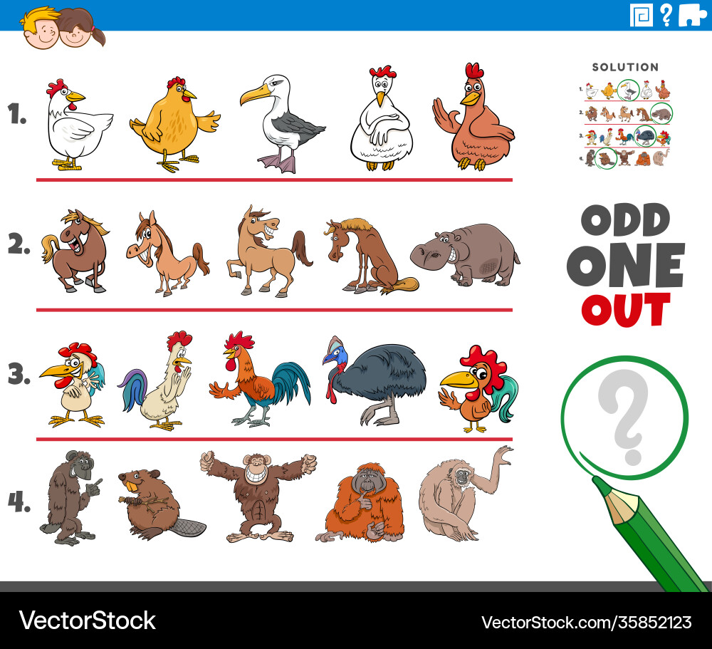 Odd one out picture game with animal characters Vector Image