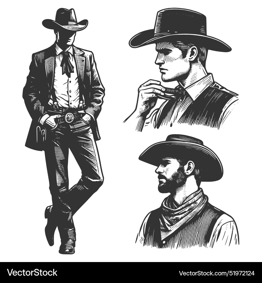 Cowboy portraits and full body Royalty Free Vector Image